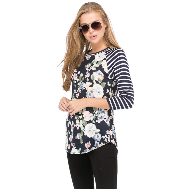Navy Floral Raglan With Striped 3/4 Length Sleeves – L.E. Jolie
